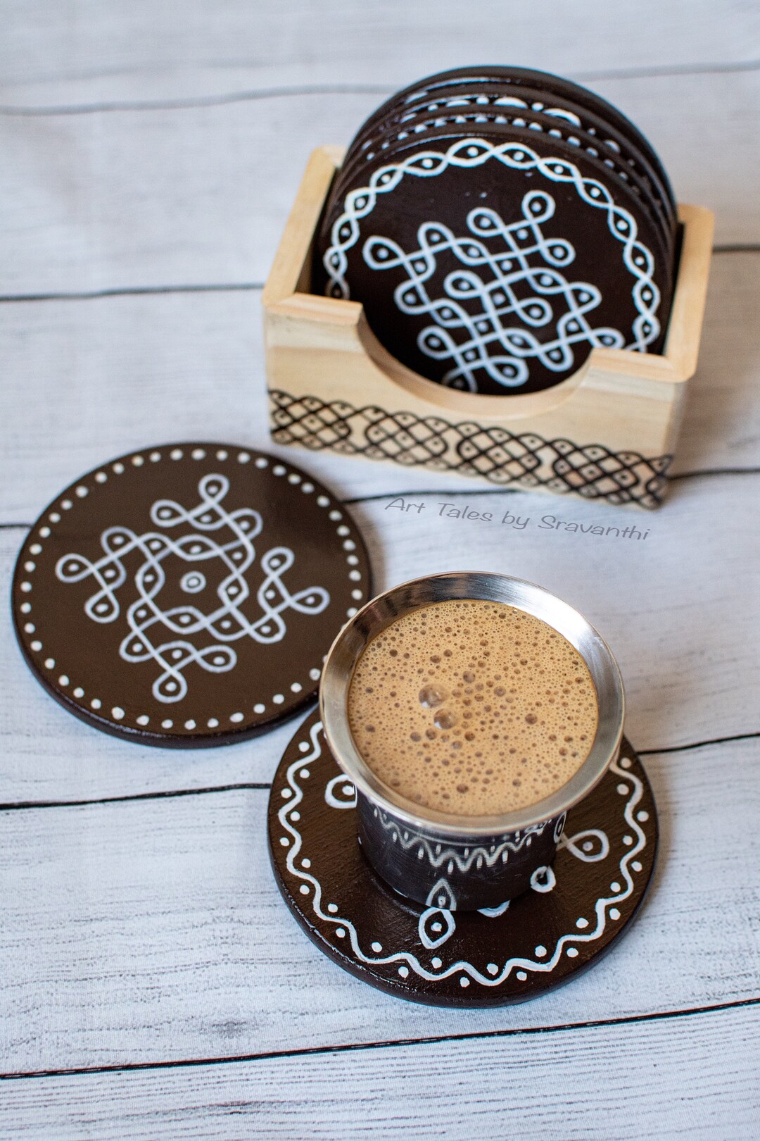 Hand Painted Kolam Coasters: Indian Traditional Set of 6 With Holder - Etsy