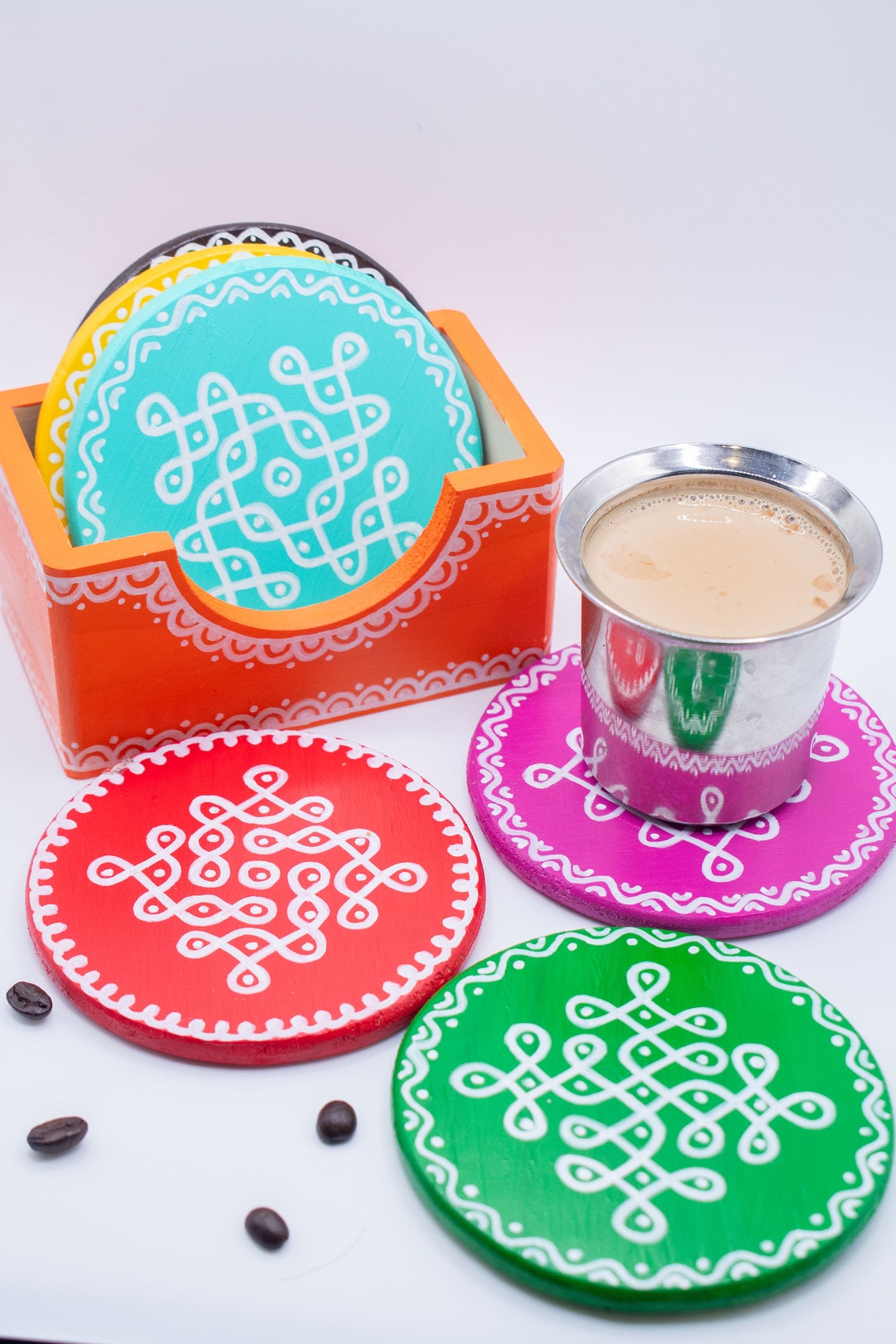 Indian Kolam Coasters- Multicolor - Set of 6 With Holder- Indian ...