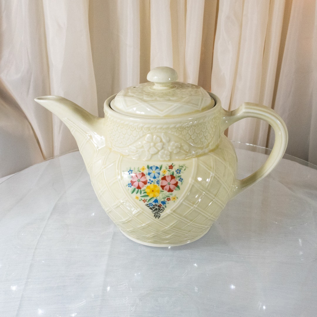 Halls Drip-o-lator Creamy White Teapot With Floral Bouquet and Basket ...