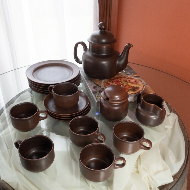 Burnish Brown German Made Pottery Tea Set 19 Piece Matching Set Vintage ...