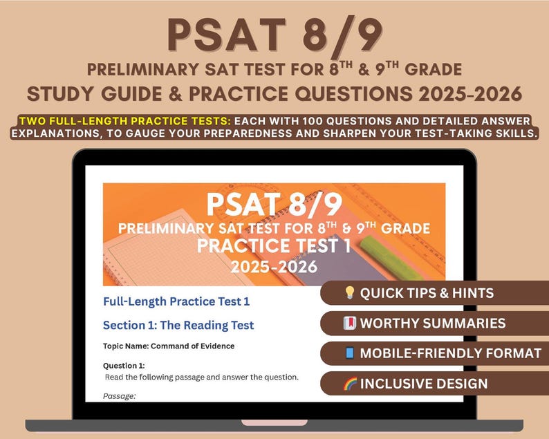 PSAT 8/9 Study Guide 2025-2026: Test Prep & Practice - Etsy