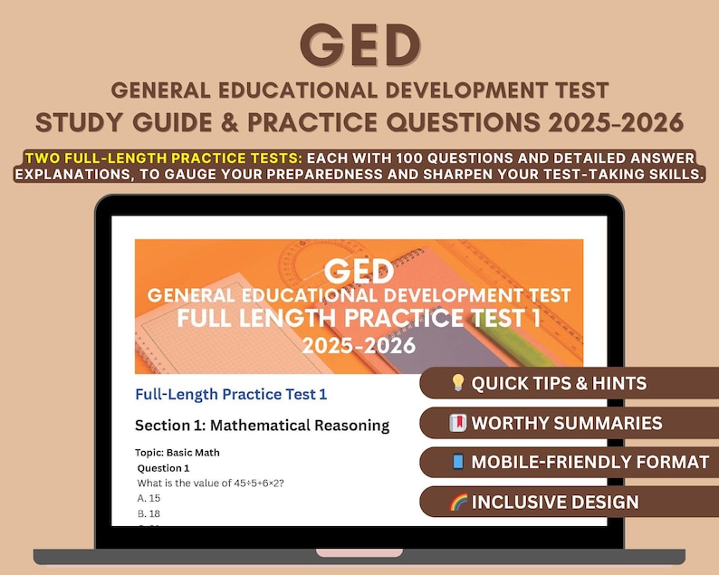 GED Exam Study Guide 2025-2026 | Practice Questions (printable PDF) - Etsy