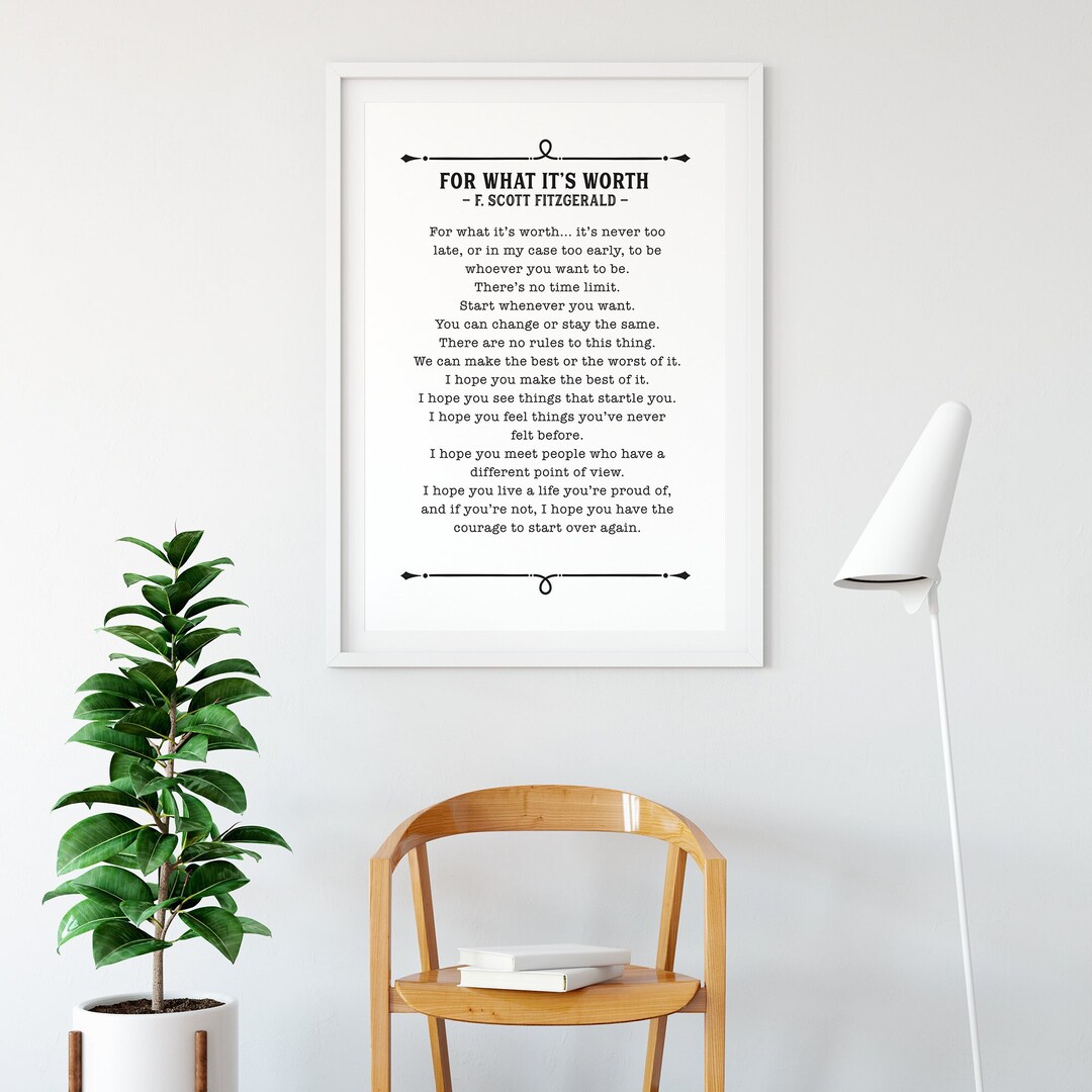 F. Scott Fitzgerald Poem Wall Art, for What It's Worth, Poetry Lover ...