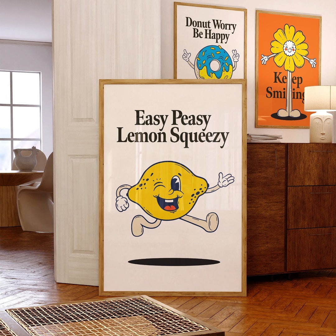 Lemon Retro Wall Art, Easy Peasy Lemon Squeezy Fun Retro Character ...