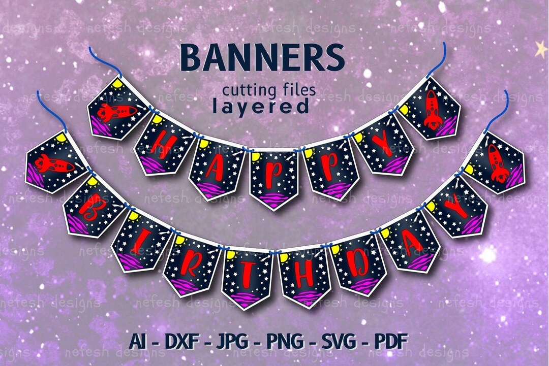 BANDERINES ESPACIALES SVG Plantillas de corte Laser Frase Happy ...