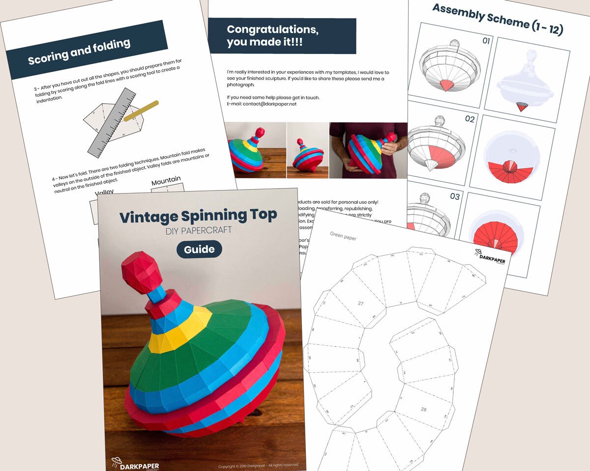 Vintage Spinning Top Papercraft Template DIY Papercraft Low - Etsy