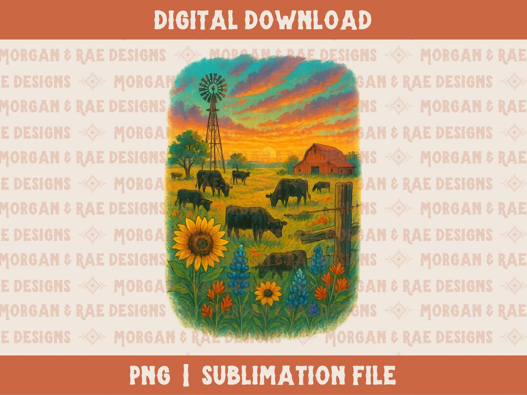 Sunset Cattle Farm Digital Download – Angus Cows, Barn, Wildflowers ...