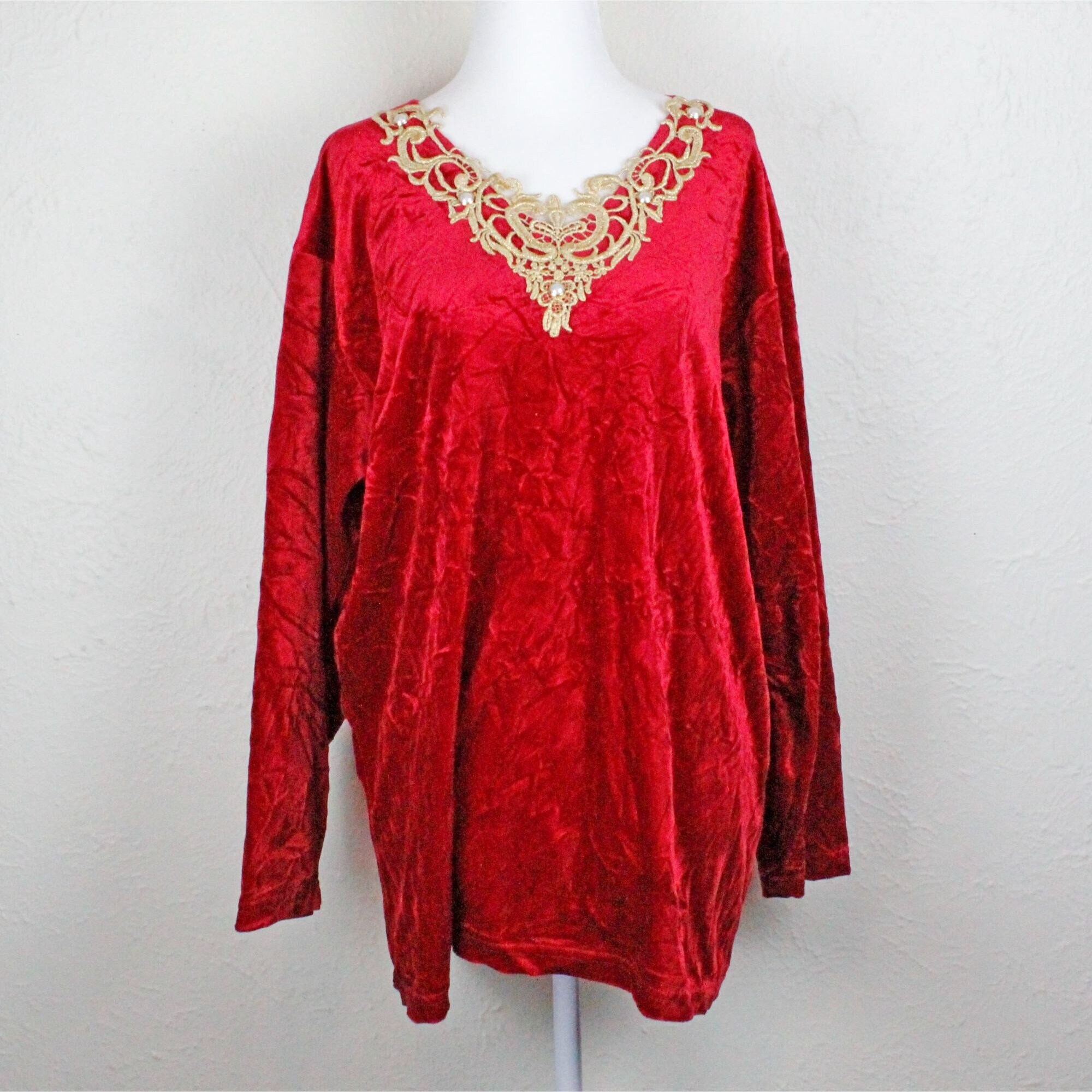 Susan Christopher Vintage 80s Crushed Red Velvet Blouse Gold Brocade ...