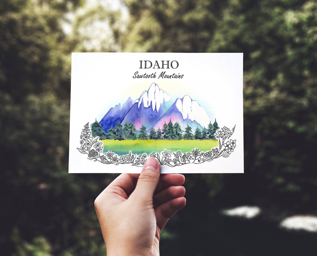 Sawtooth Mountains Watercolor Postcard, Boise Postcard, Idaho Postcard ...