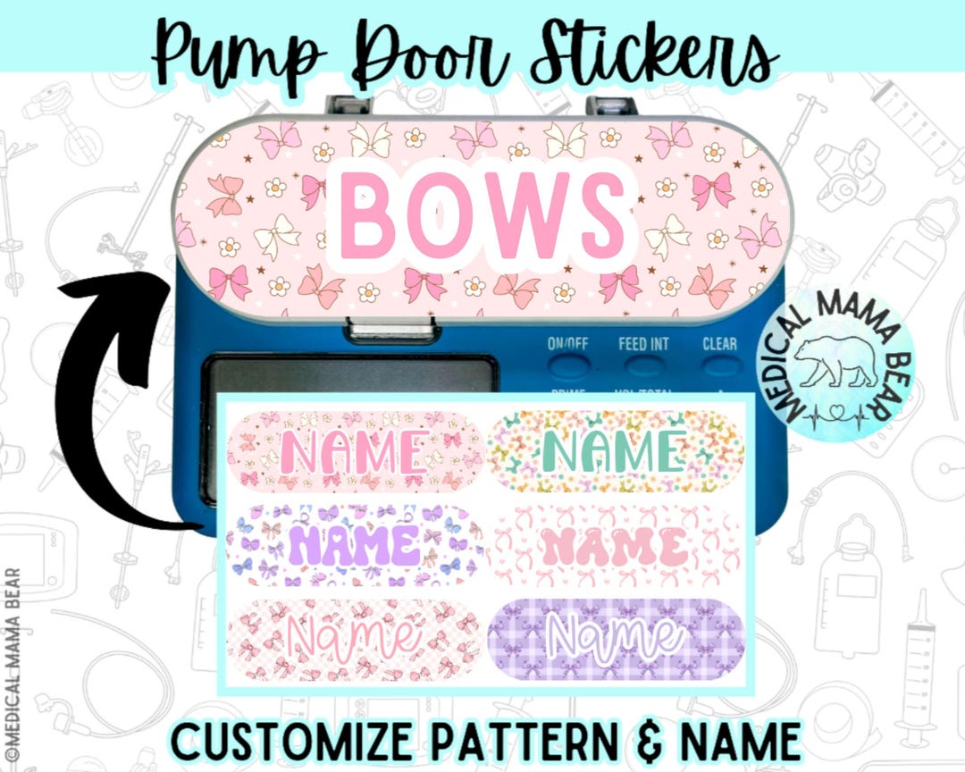 Bows Feeding Pump Door Stickers CHOOSE Pattern Add Name Feeding Tube G ...