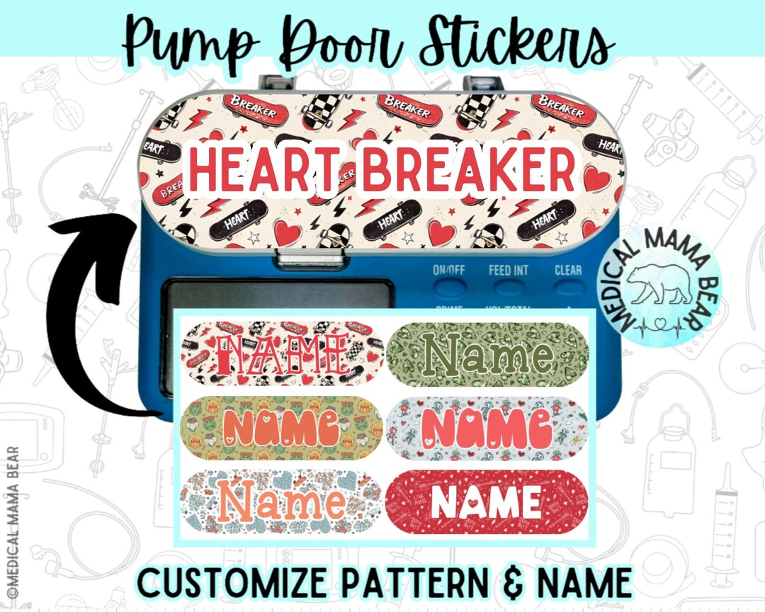 Heart Feeding Pump Door Stickers CHOOSE Pattern Add Name Feeding Tube G ...