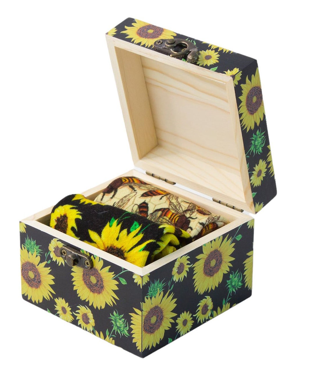 Sunny Spring Reusable Timber Gift Box. Sunflower Bloom and Bee Hive ...