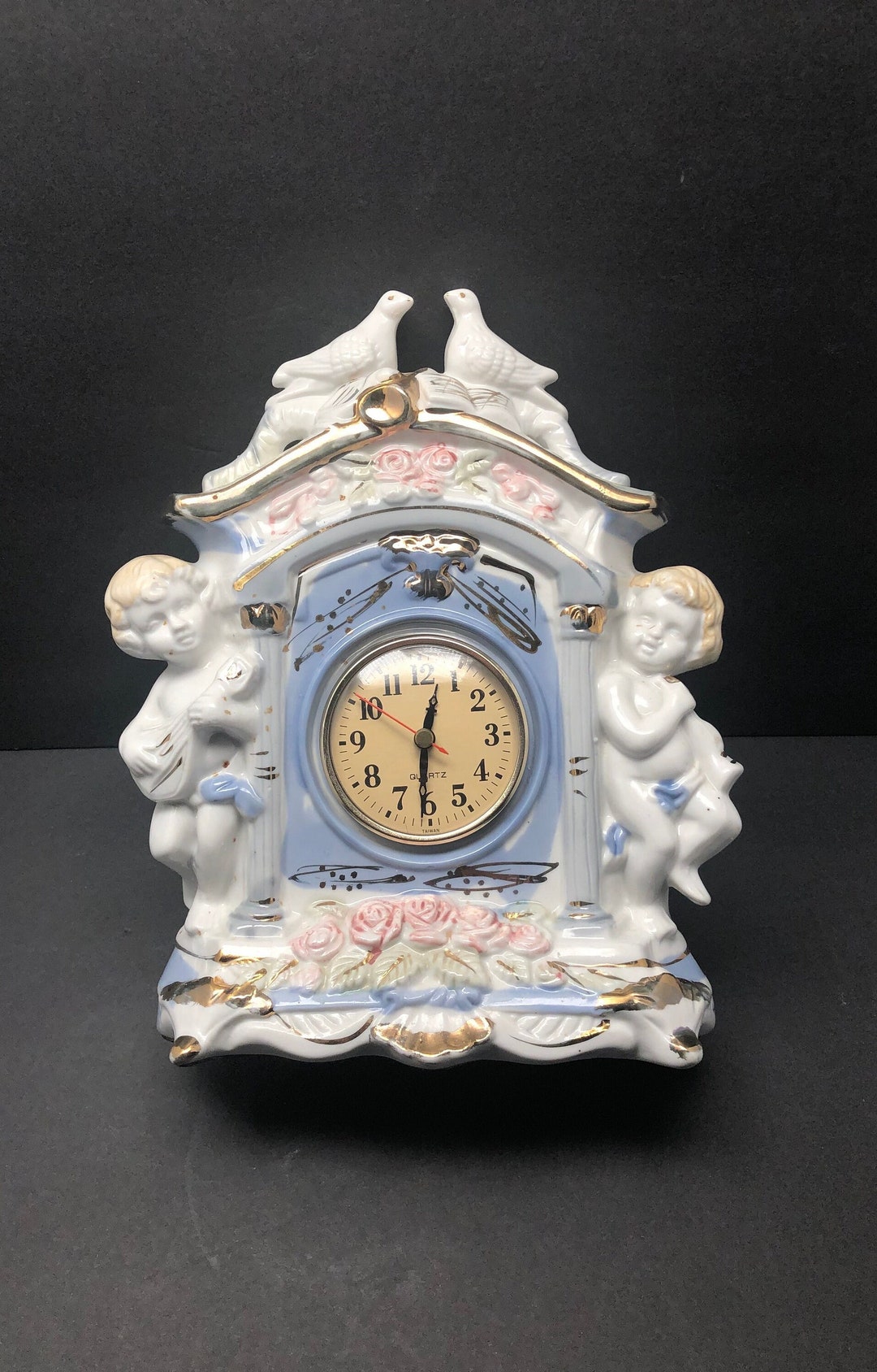 Colonial Style Mantle Clock Ceramic Quartz Cherubs 2 Doves Gold Trim ...