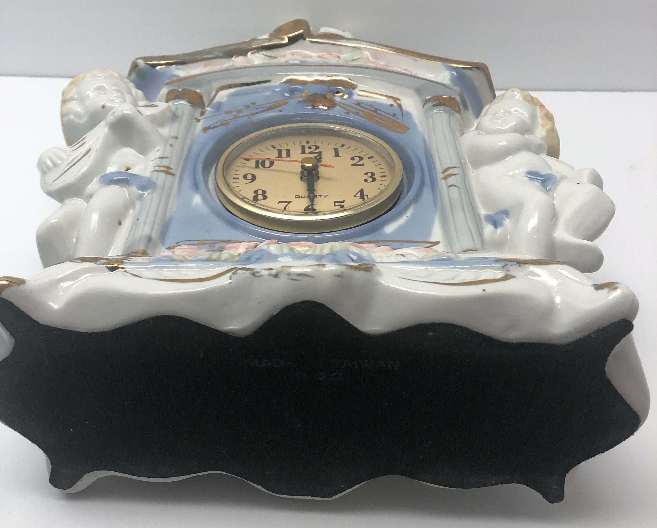 Colonial Style Mantle Clock Ceramic Quartz Cherubs 2 Doves Gold Trim ...
