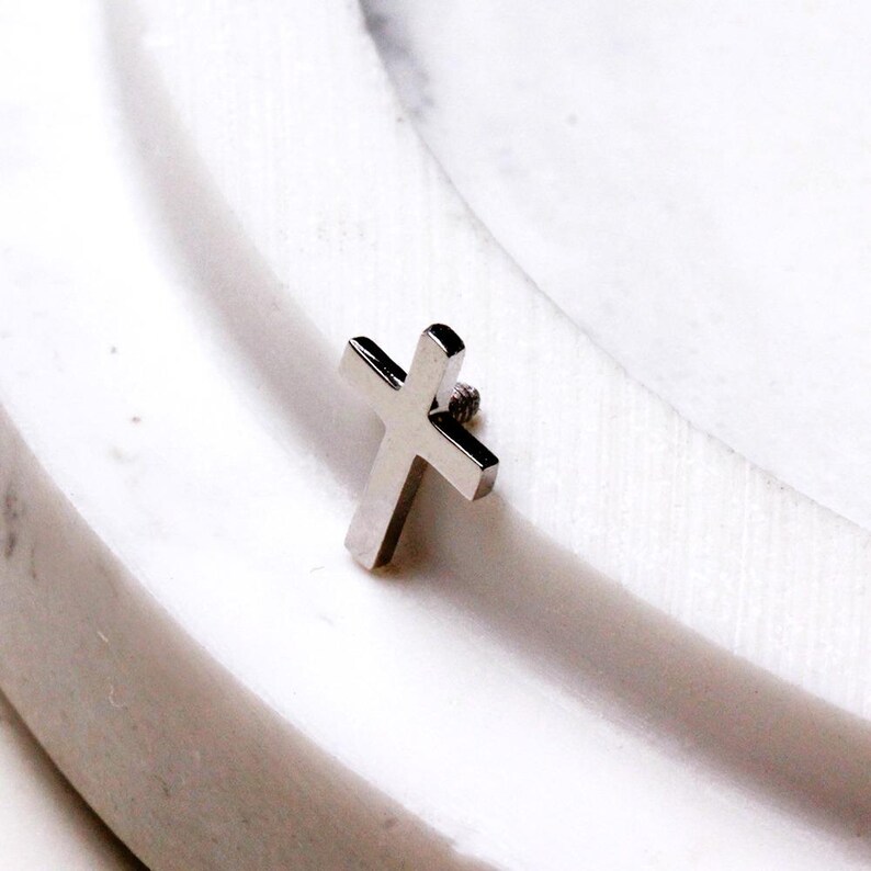 14K Solid WHITE Gold CROSS Dermal Anchor Top Head Screw Stud Internally ...