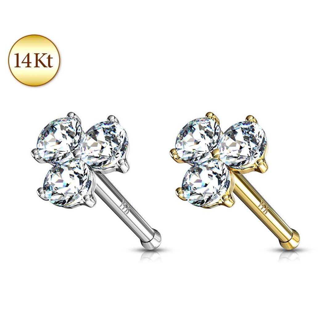 14K Solid Gold Trinity Gem Setting NOSE Bone Stud Rings Body Piercing ...