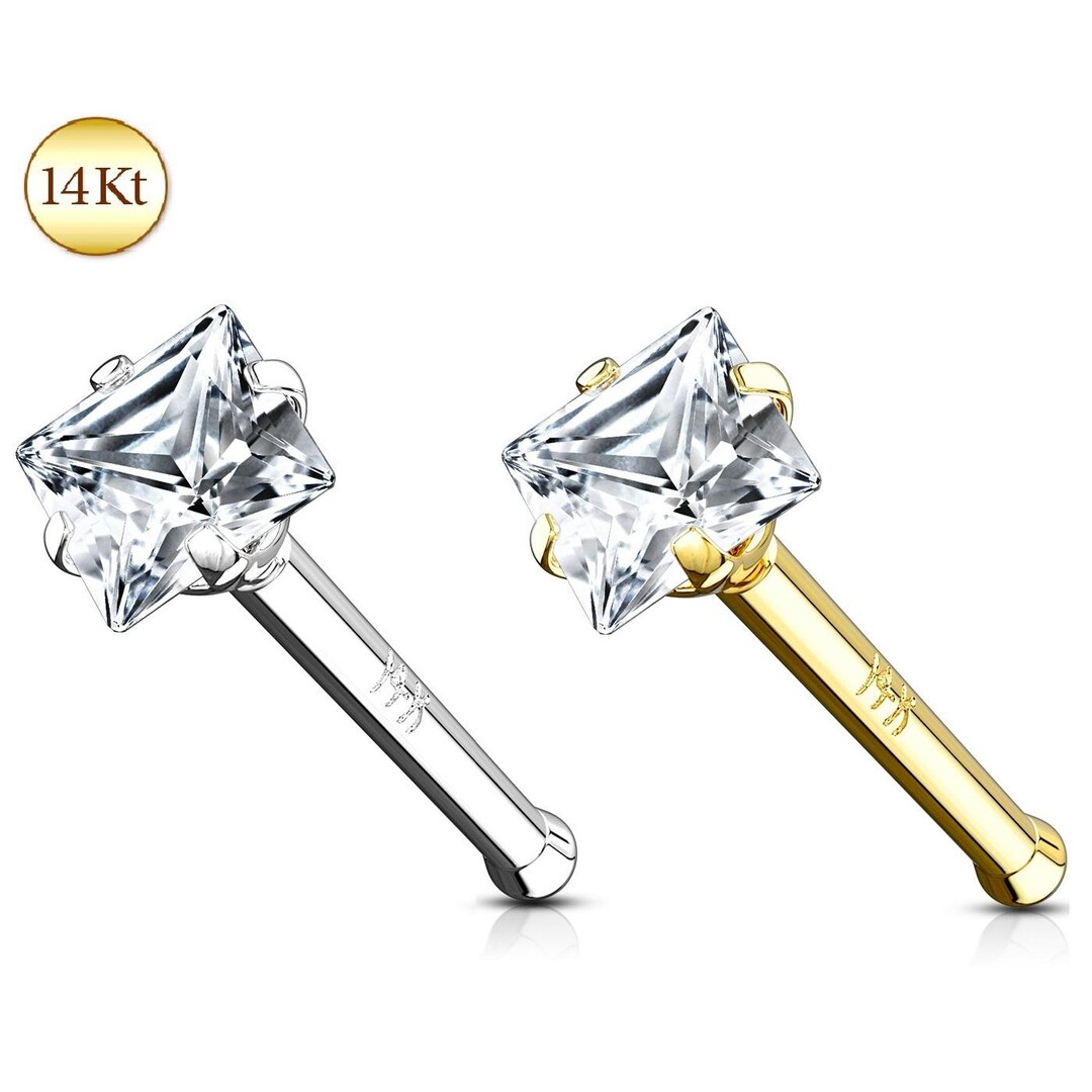 14K Solid Gold Square Gem Setting NOSE Bone Stud Rings Body Piercing ...