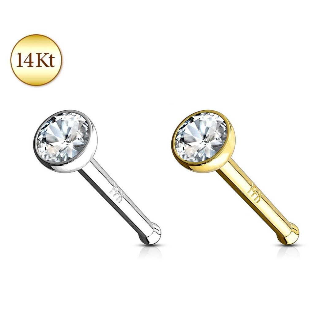 14K Solid Gold Flat Clear Gem NOSE Bone Stud Rings Body Piercing ...