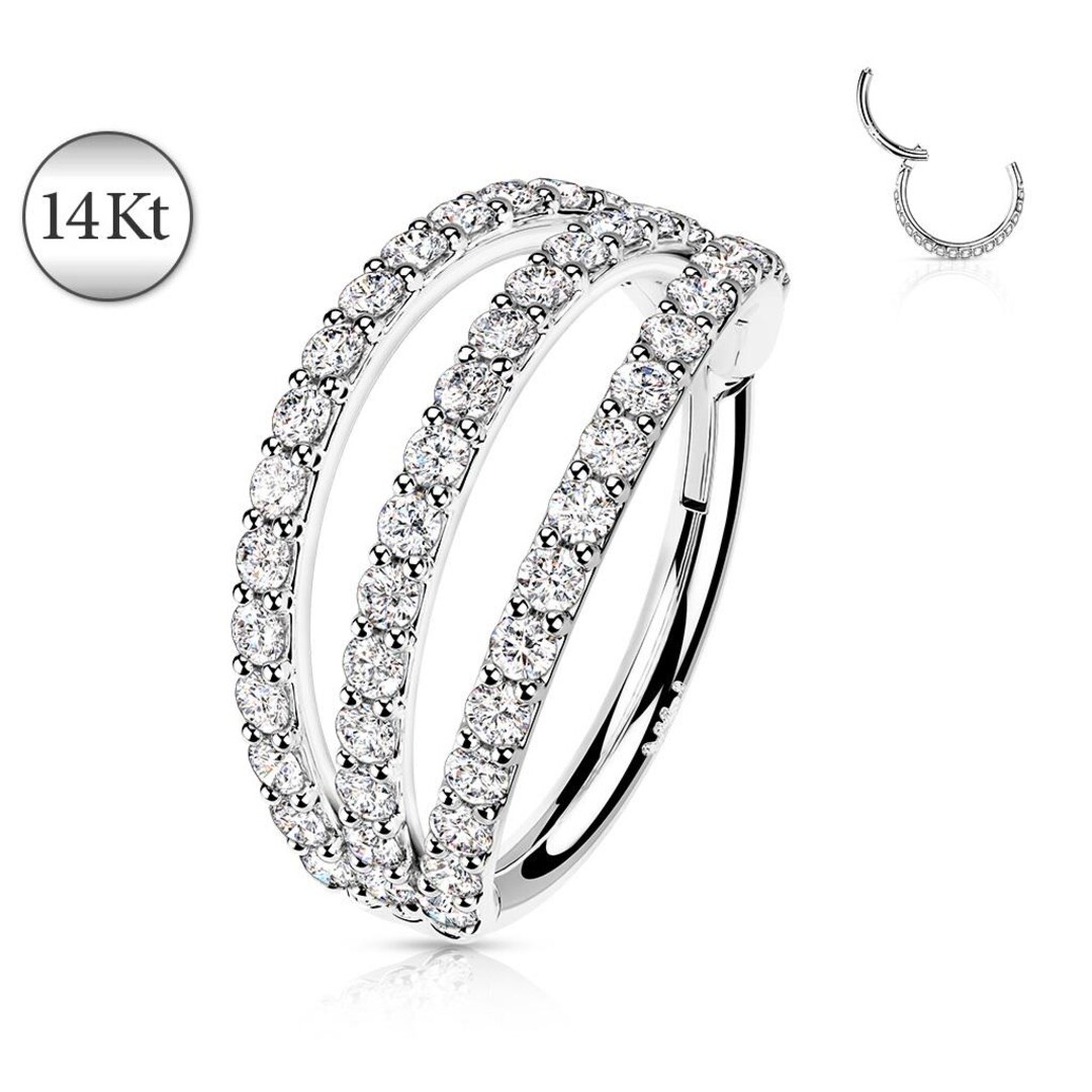 Solid 14K White Gold Jeweled Triple Hoops Hinged Clicker Rings Ear ...