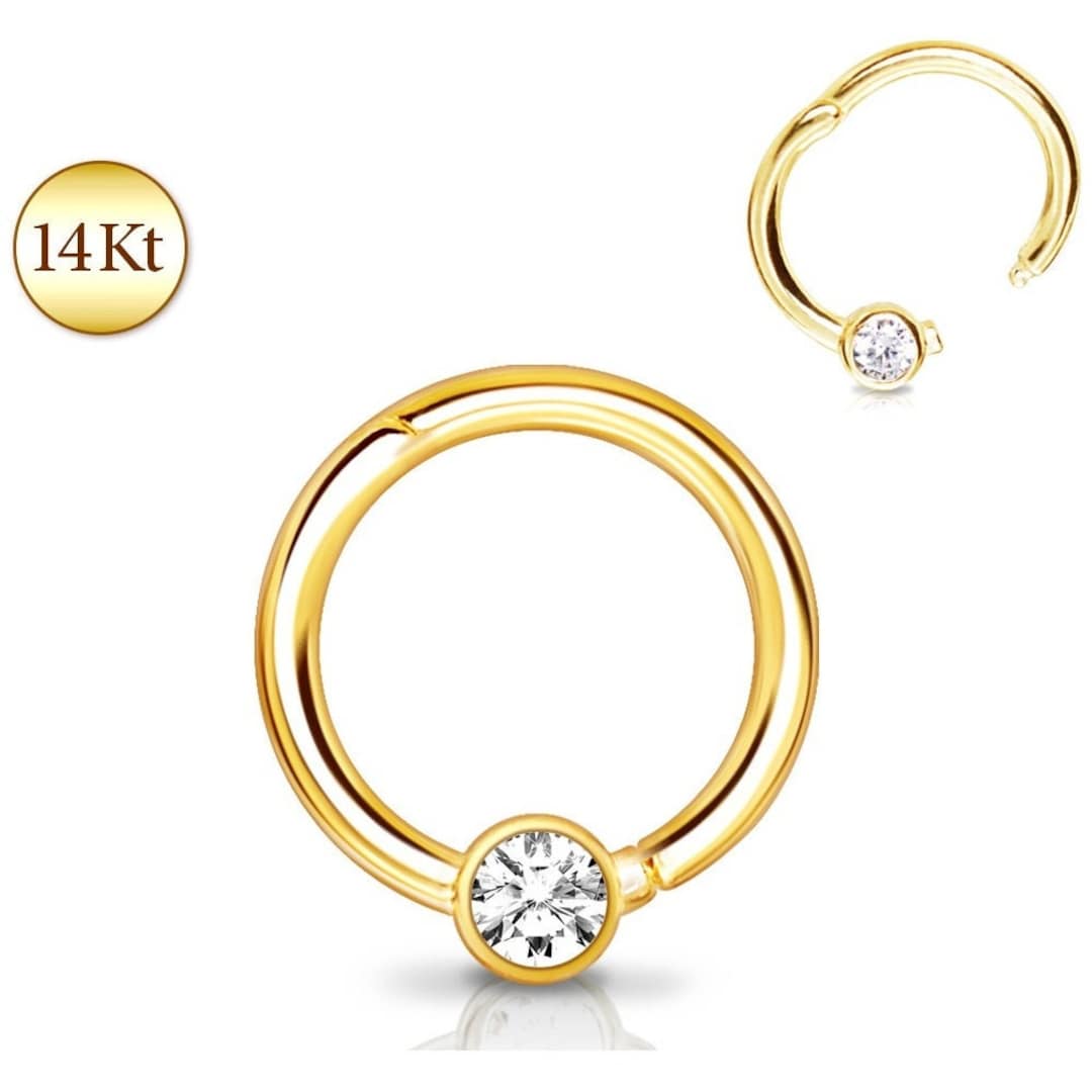 14K Solid Gold Seamless Hinged Clicker Ring With Gem Ear Cartilage Hoop ...