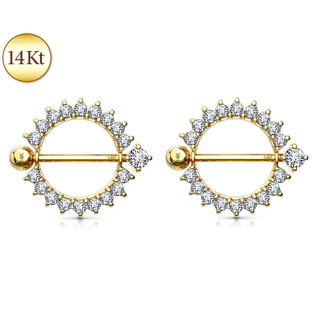 PAIR of 14K Solid Gold Sunburst Sparkling Nipple Shield Rings Bar ...
