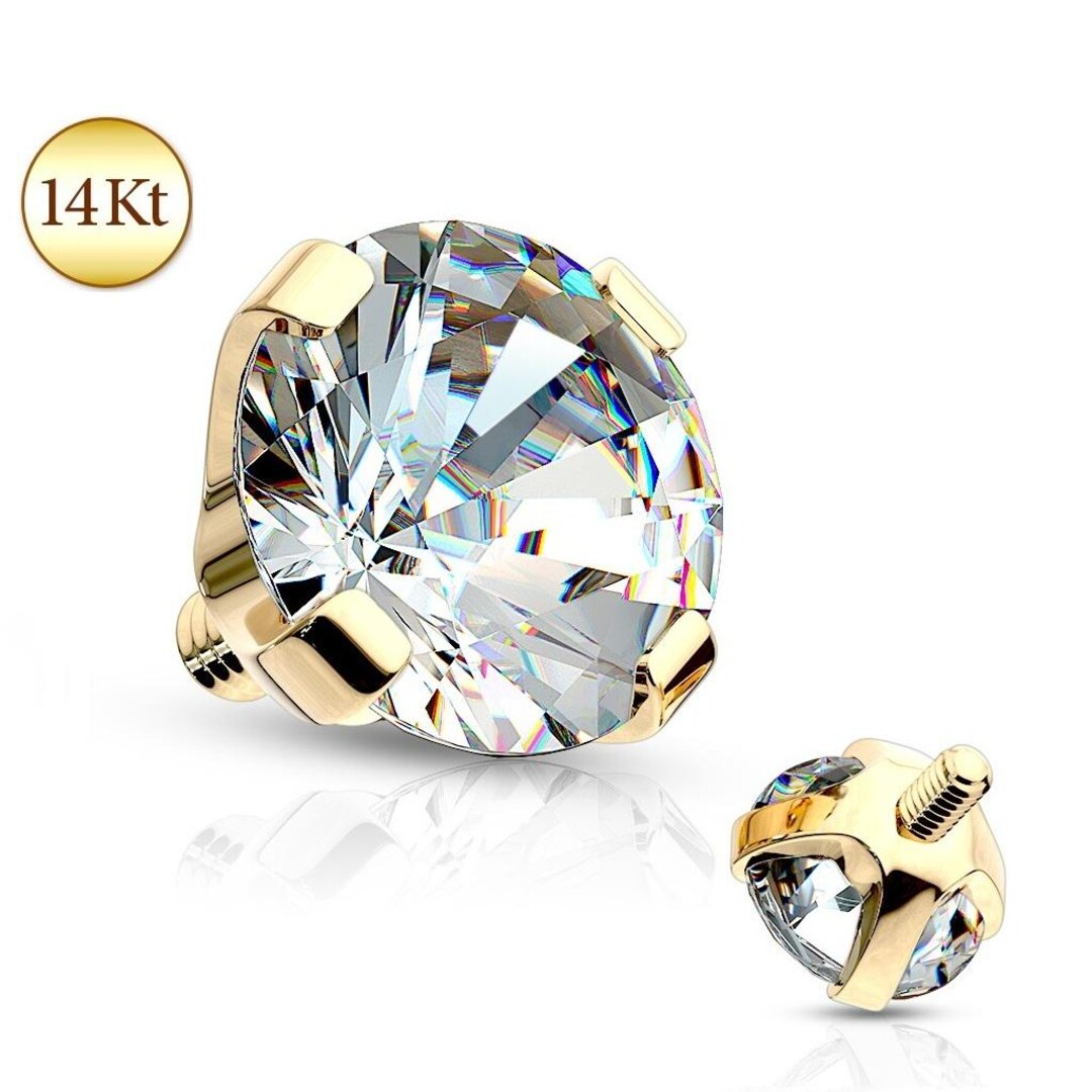 14K Solid Gold Prong Setting Clear Gem Dermal Anchor Top Internal ...