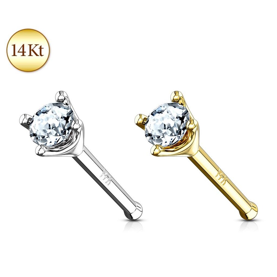 14K Solid Gold Clear Gem (3 Sizes) NOSE Bone Stud Rings Body Piercing ...