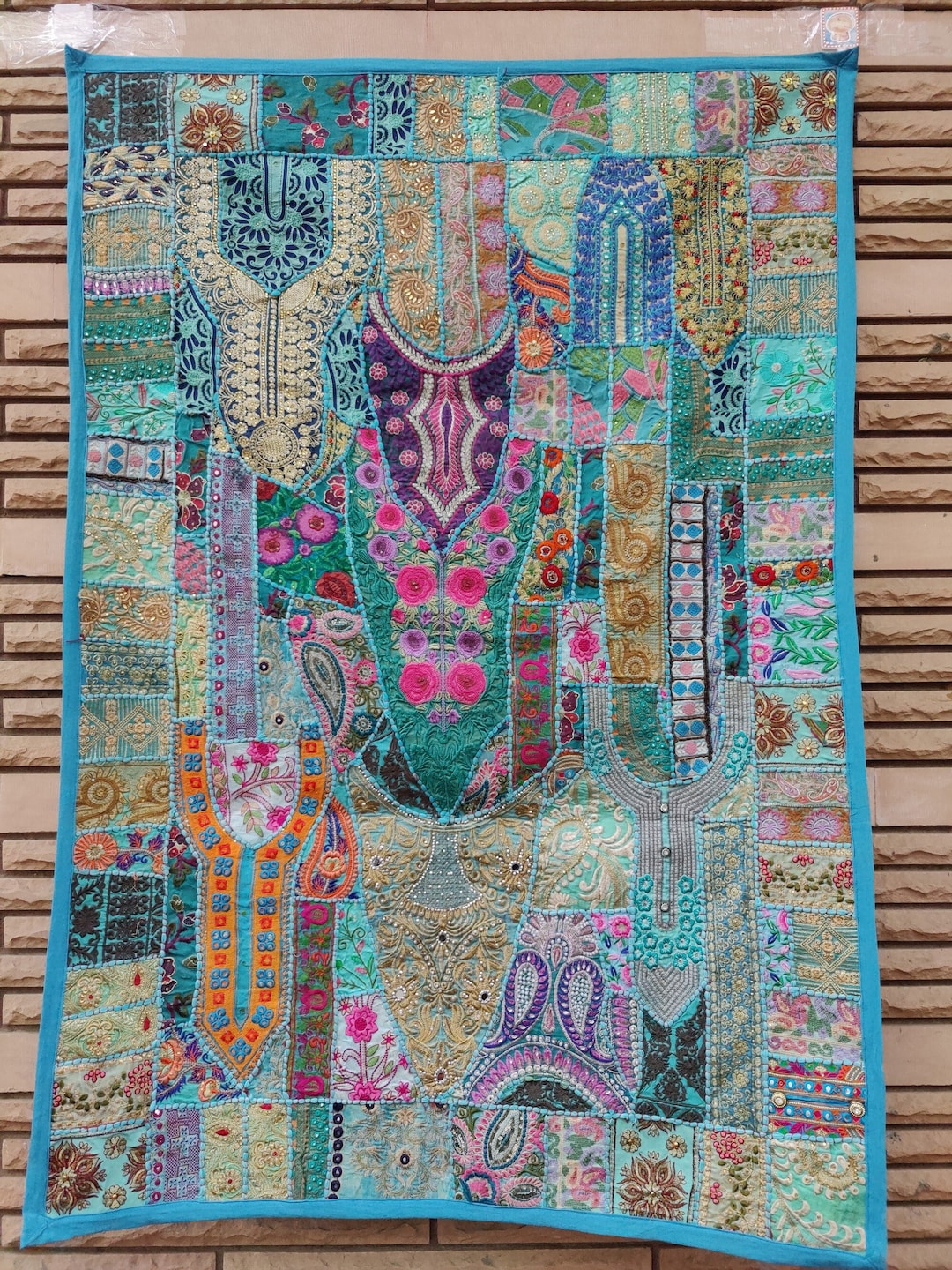 Indian Vintage Cotton Tapestry Heavy Hand Embroidery Wall Hanging Decor Boho Patchwork Wall ...
