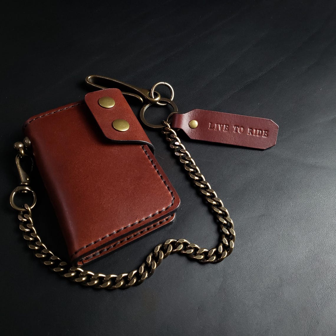 6 POCKET BIKER WALLET - Brown Leather / Antique Brass /swivel Chain ...