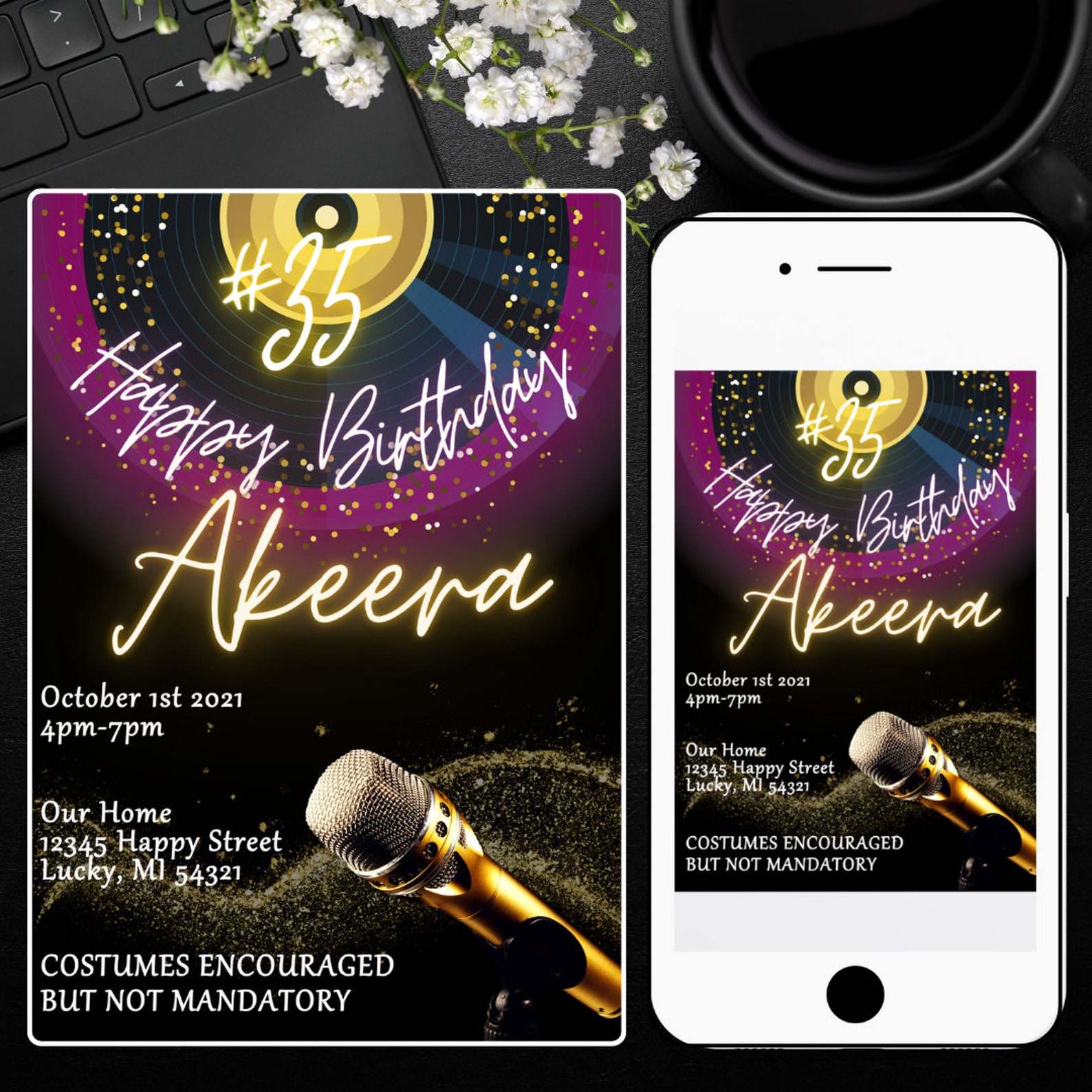 Black Purple Gold Record Invitation | Karaoke Party Invite | Listening ...