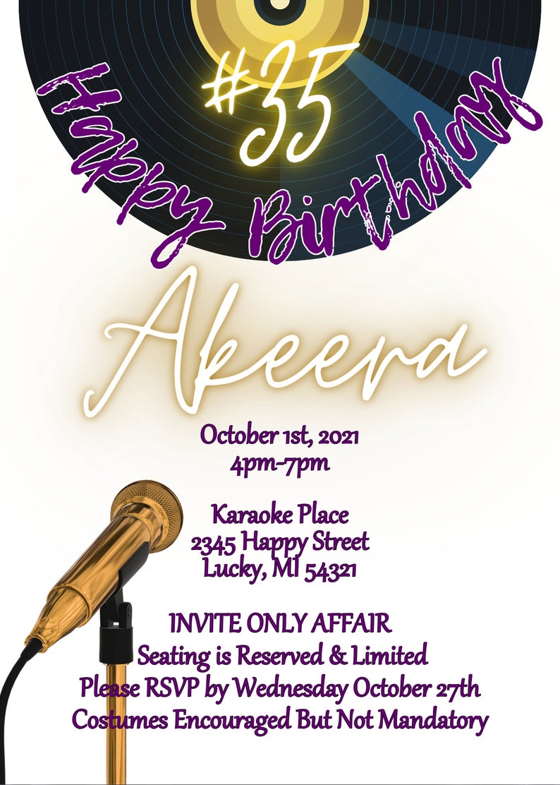 White Gold Purple Record Invitation | Karaoke Party Invite | Listening ...