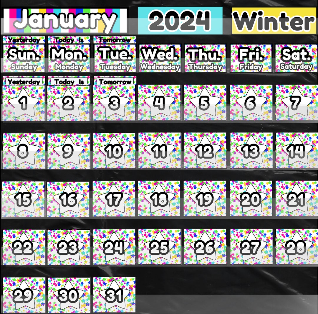 Bright Black Stars Editable Classroom Decor Bundle | Pocket Calendar ...