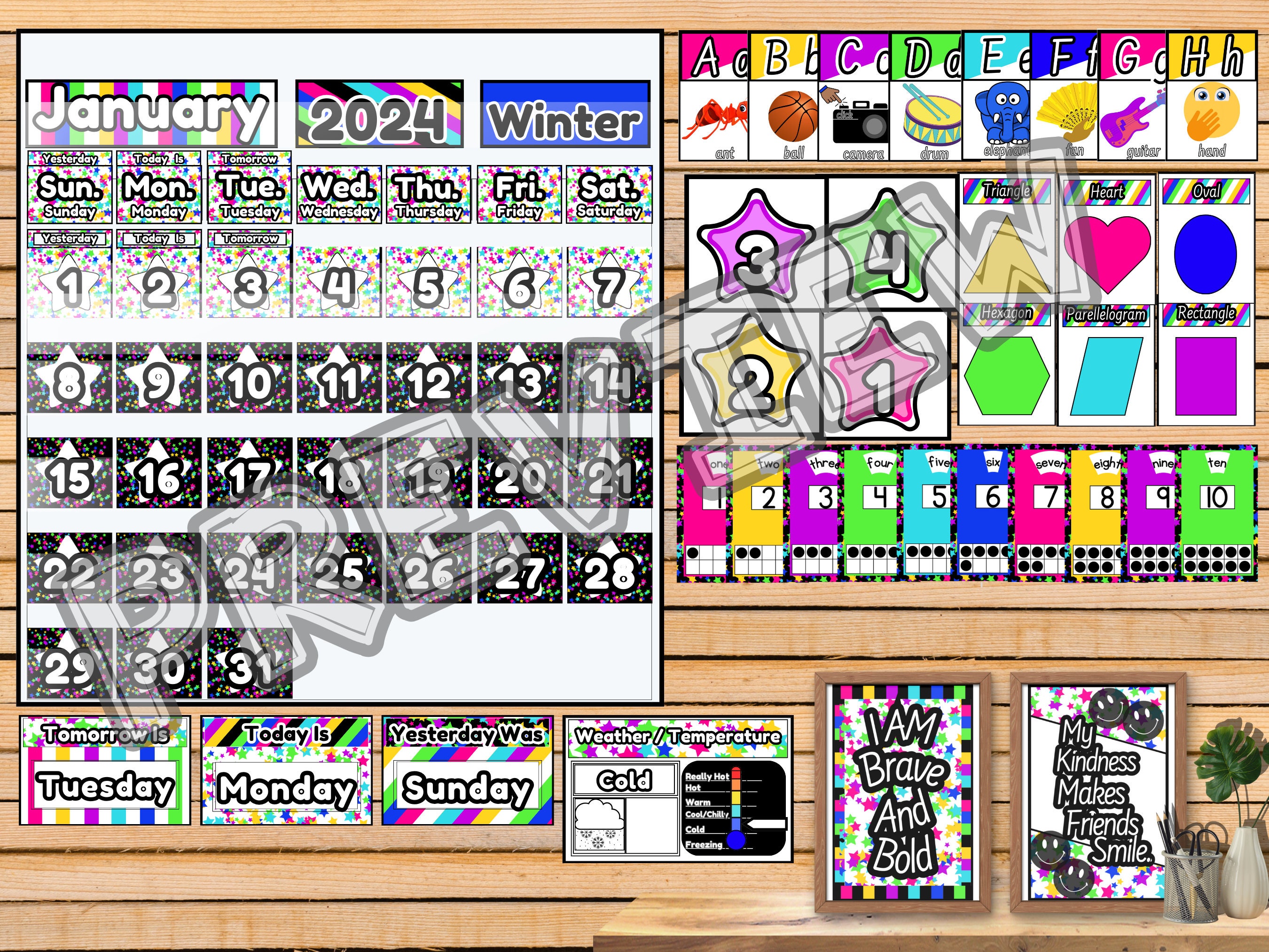 Bright Black Stars Editable Classroom Decor Bundle Pocket Calendar Date ...