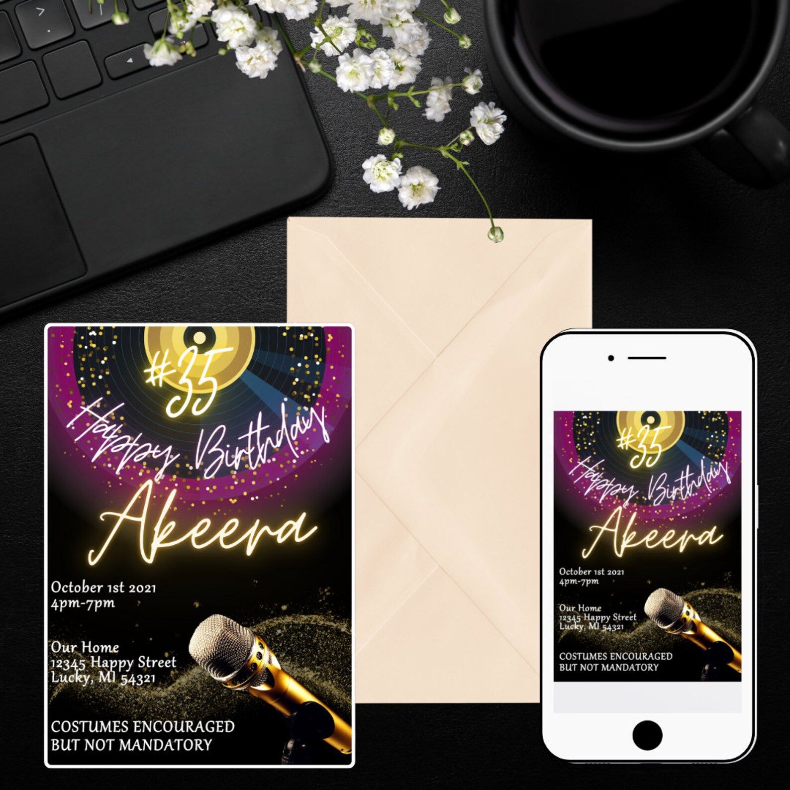 Black Purple Gold Record Invitation | Karaoke Party Invite | Listening ...