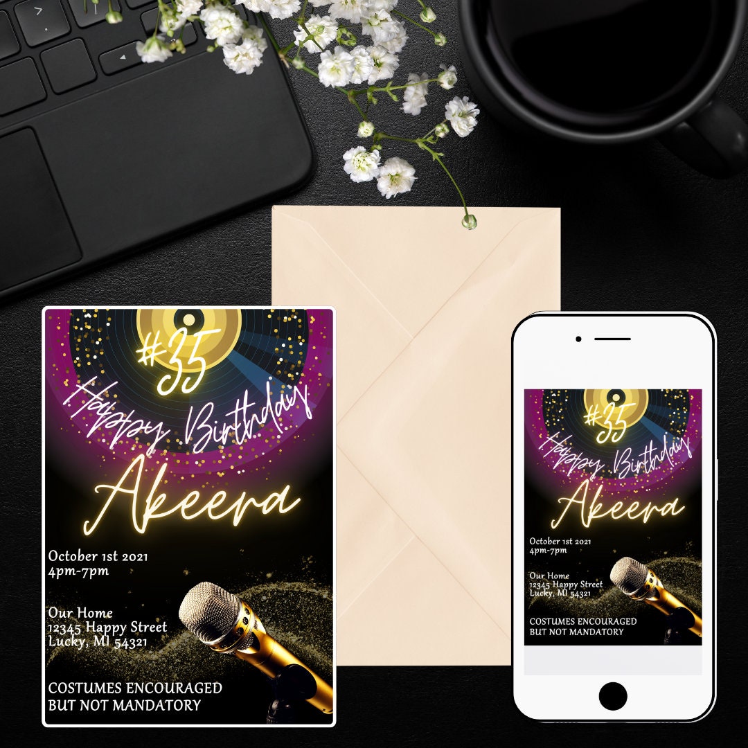 Black Purple Gold Record Invitation | Karaoke Party Invite | Listening ...