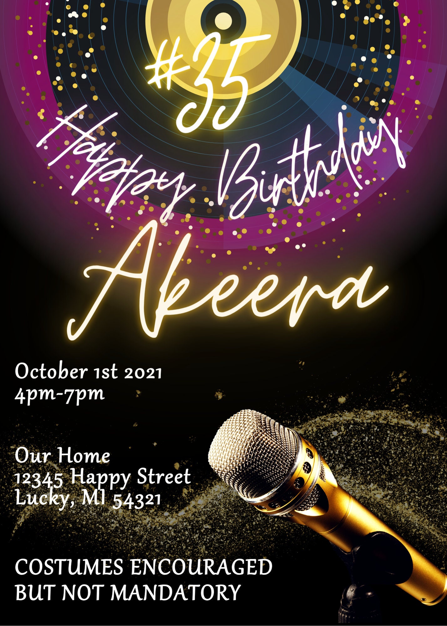 Black Purple Gold Record Invitation Karaoke Party Invite Listening ...