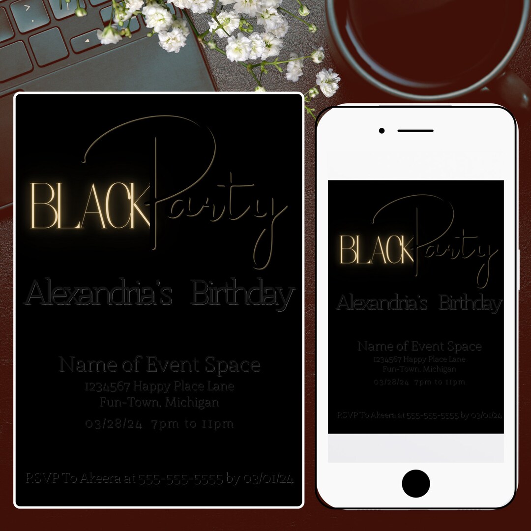 Any Event Black Party Invitation | Black and Gold Invite ...