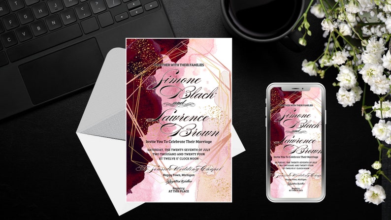 Burgundy Gold White Watercolor Invitation Template Gold Glitter Shiny ...