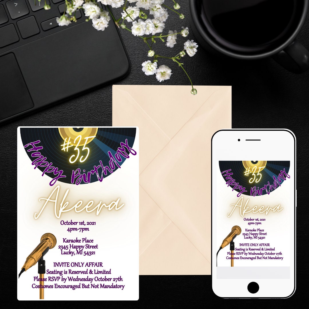 White Gold Purple Record Invitation | Karaoke Party Invite | Listening ...