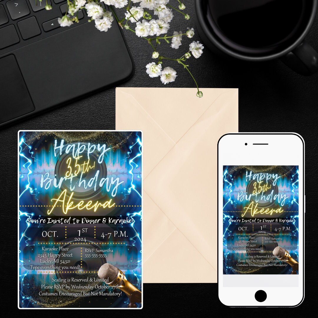 Blue Gold Speaker Invitation | Karaoke Party Invite | Listening Party ...