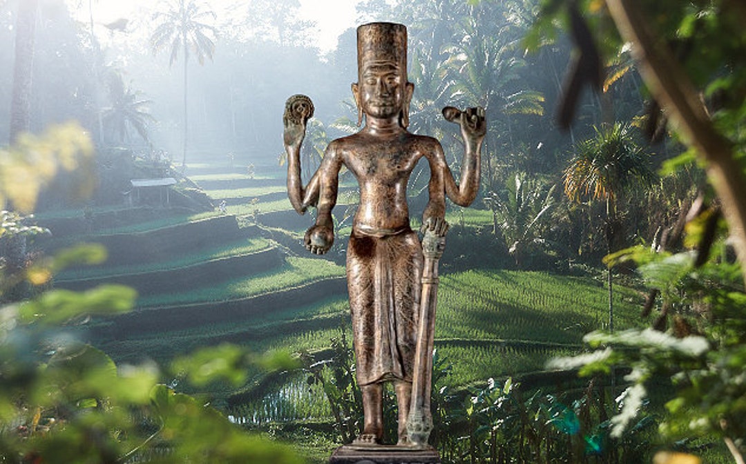 Cambodian Bronze Statue of Vishnu Holding Club, Pearl, Disc and Conch ...