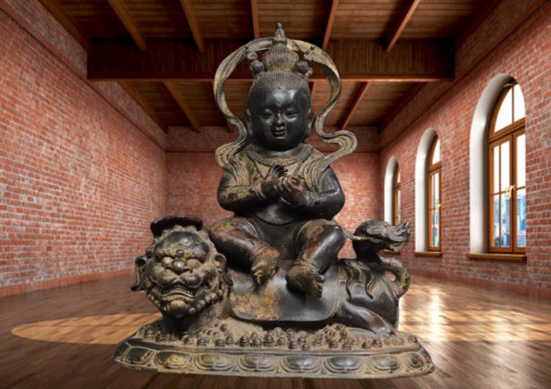 China Old Tibet Tibetan Buddhism Temple Bronze Gilt Riding Beast Boy ...