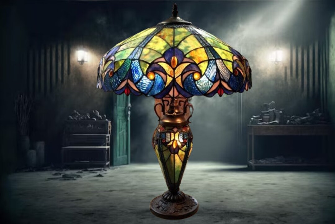 Tiffany Style Table Lamp Royal Blue Stained Glass Reading Accent ...