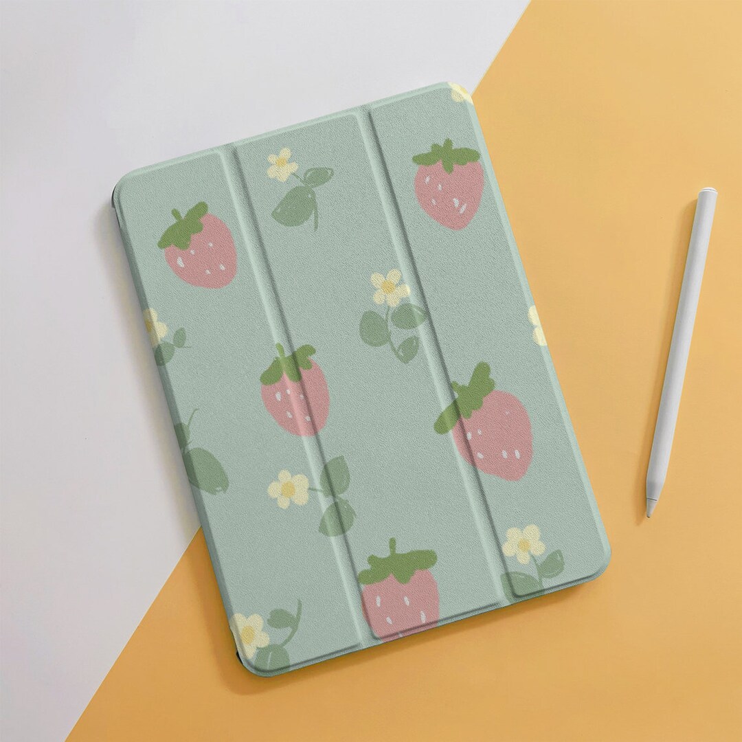 Cute Strawberry Flower Green iPad Case for Air 5 4 3 2 Pro 12.9" 11" 10 ...