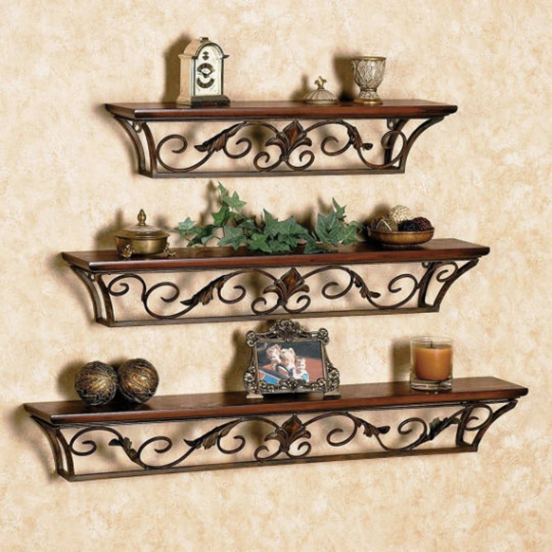 Wrought Iron and Wooden Wall Shelf /wooden Iron Wall Shelf Wall Bracket ...