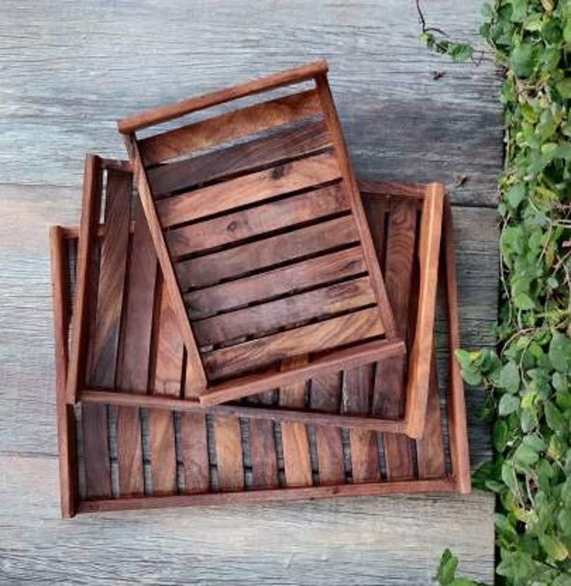Wooden Strip Design Set of 3 Serving Trays With Handle 3 Tray Best ...