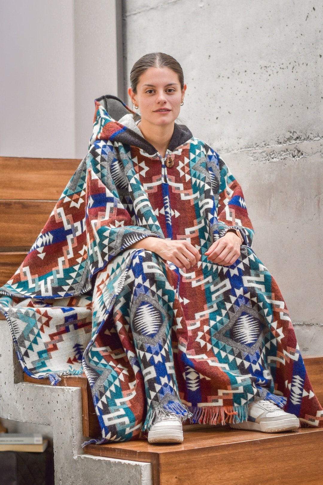 Alpaca Poncho With Native Patterns Artisan Unisex Boho Hooded Christmas ...