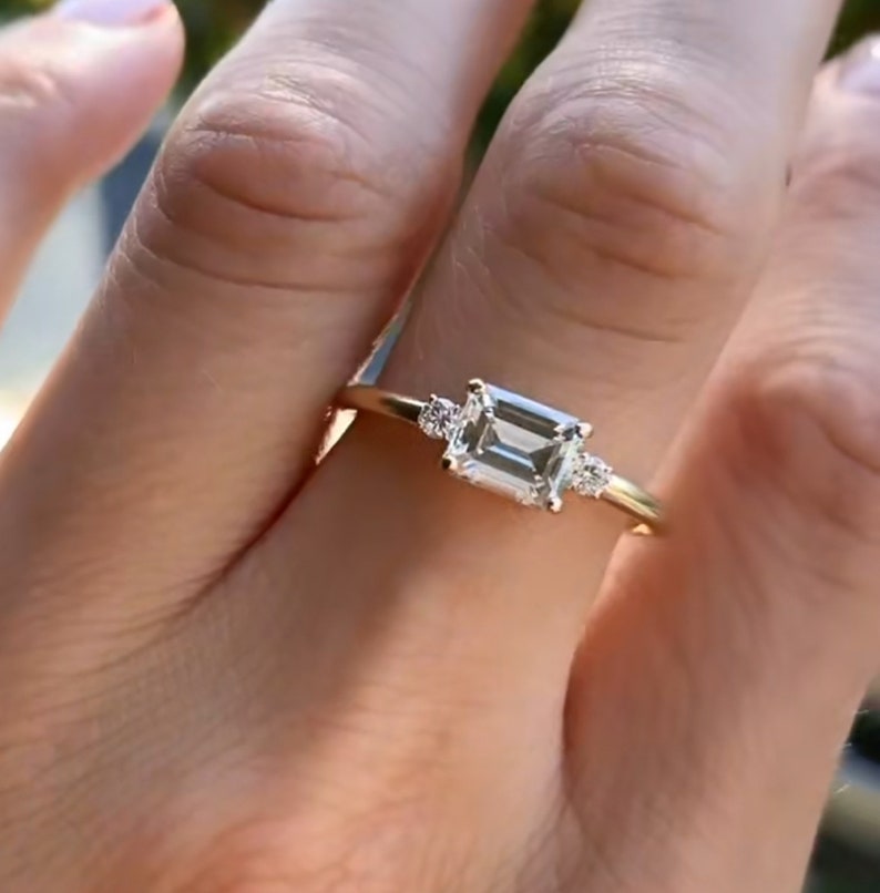 East West Emerald Cut Engagement Ring Dainty Moissanite Ring Etsy