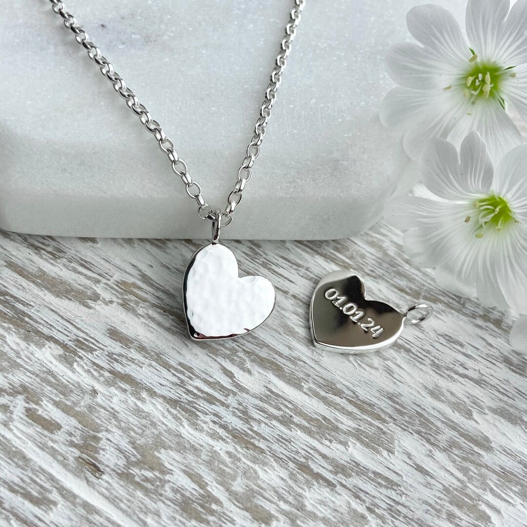 Personalised Hammered Offset Heart Dainty Necklace Sterling Silver - Etsy