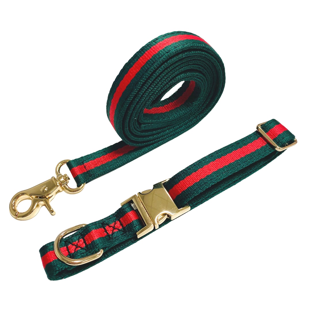 Racing Green Striped Dog Walking Collar - Fabric - Gold Hardware ...